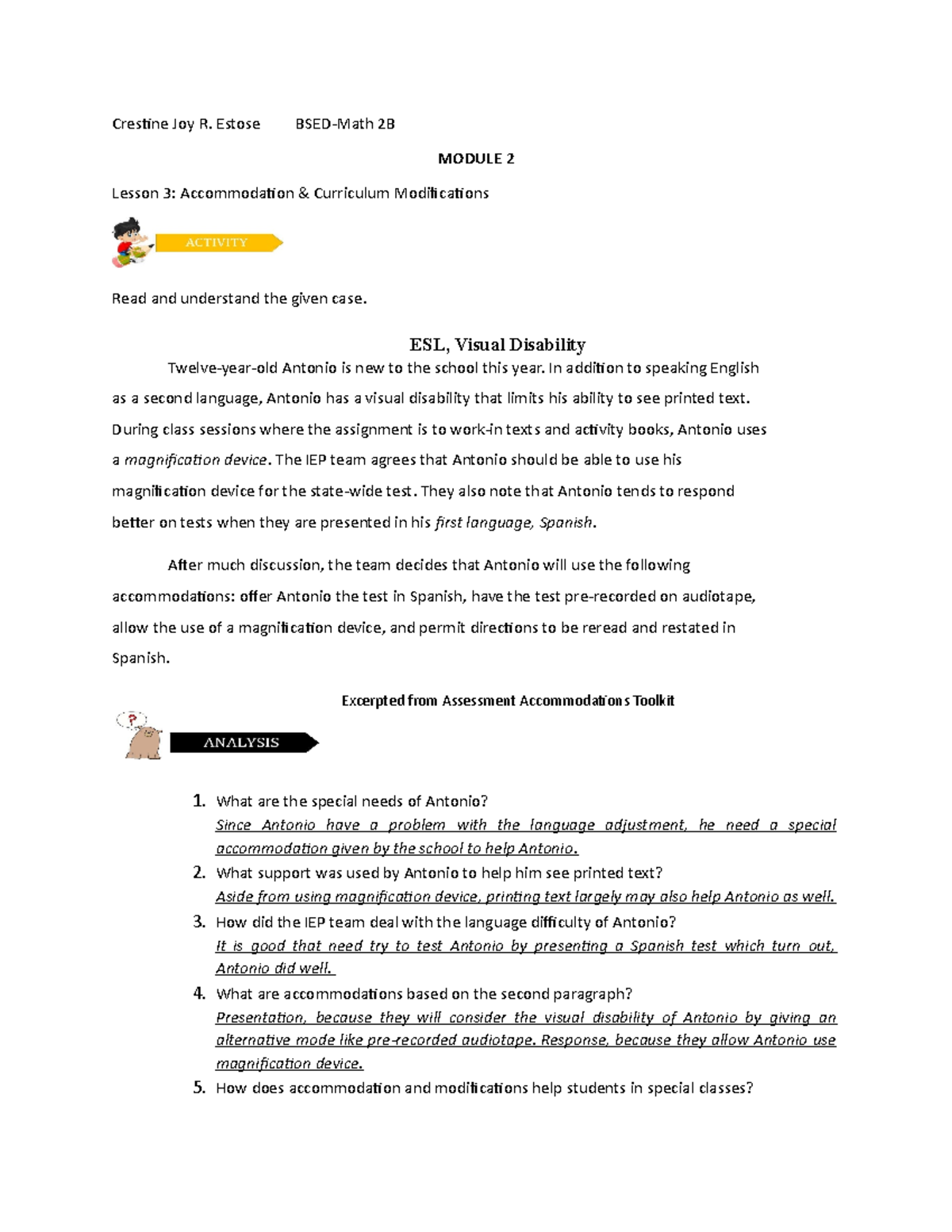 Module 2 Lesson 3 Estose, Crestine Joy R - Crestine Joy R. Estose BSED-Math 2B MODULE 2 Lesson 3 ...
