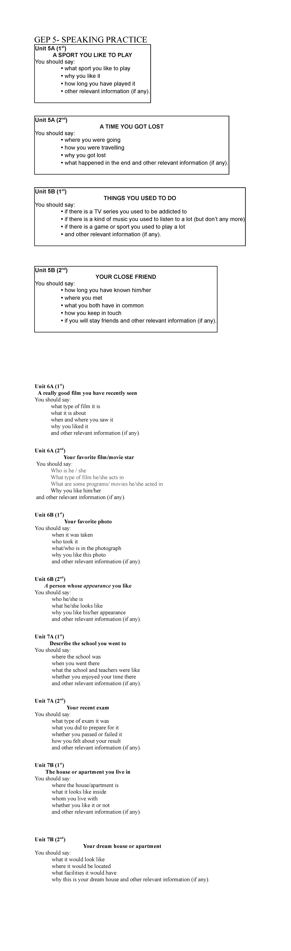 GEP 5-IN- Class- Speaking Practice Topics - GEP 5- SPEAKING PRACTICE ...