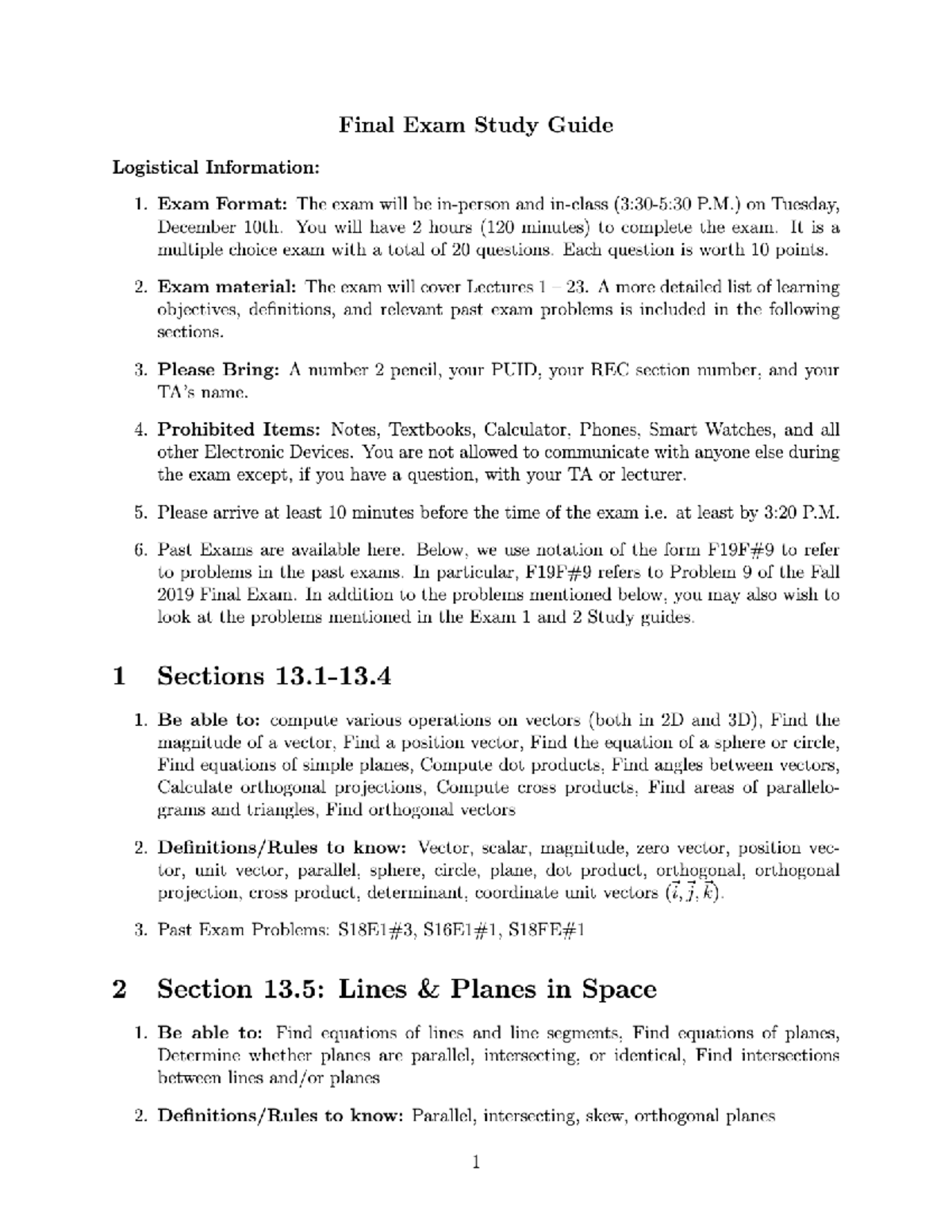 Final Exam Study Guide - Fall 2024 MA 26100-685 LEC - Final Exam Study ...
