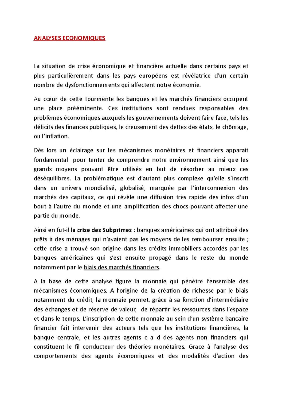 Analyse Economiques - ANALYSES ECONOMIQUES La situation de crise ...