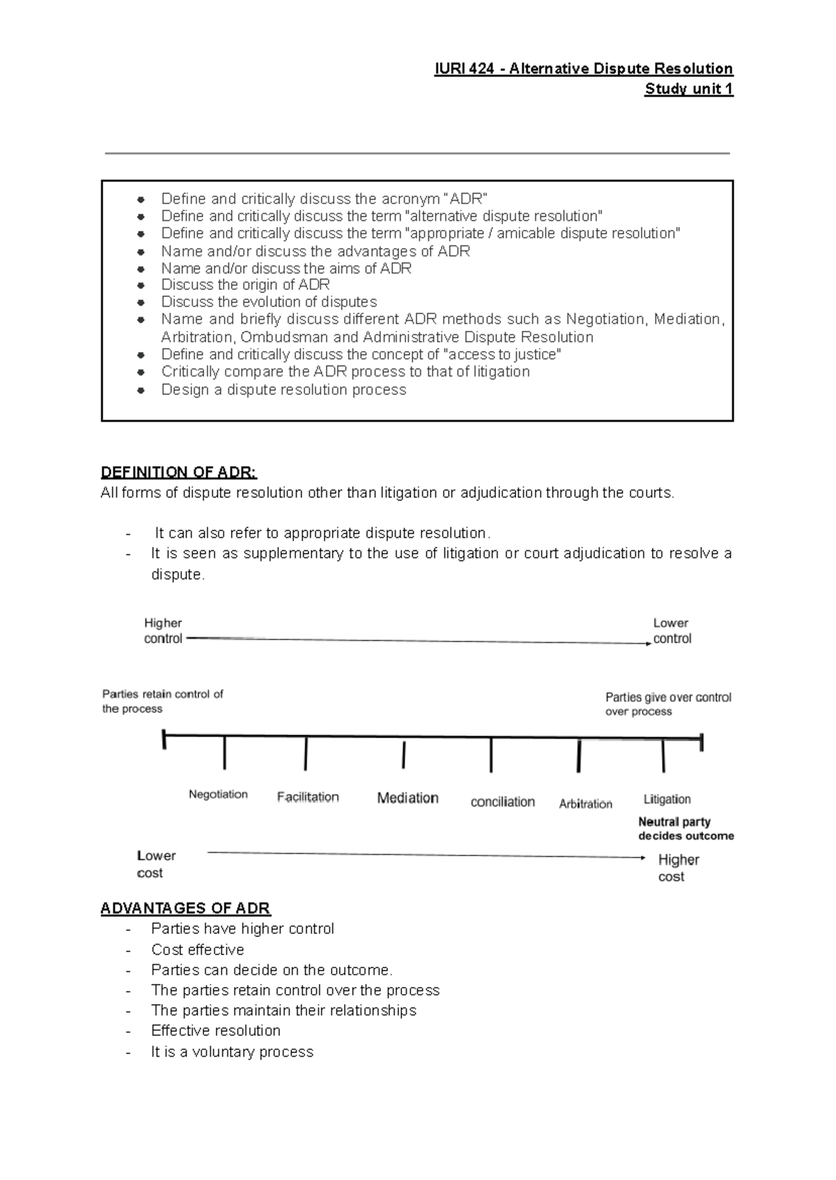 Study unit 1,2 and - IURI 424 - Alternative Dispute Resolution Study ...
