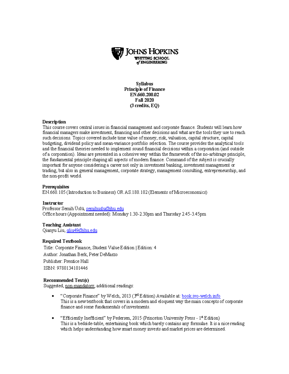 Syllabus Principle of Finance Fall 20 - Warning: TT: undefined function: 32 Warning: TT ...