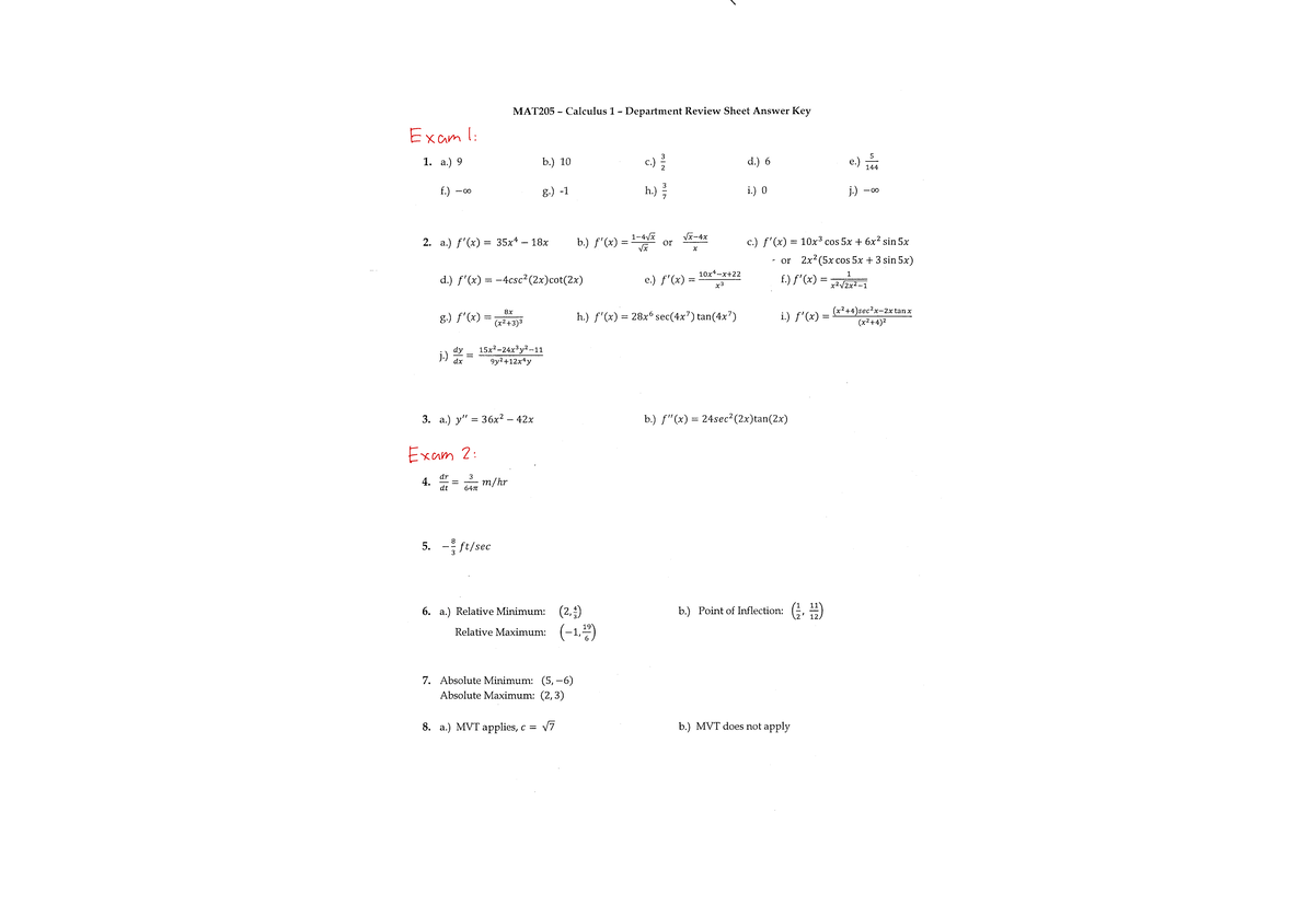 Final Exam Key for Cal 1 Spring 23 - MAT 205 - Exam 1: Exam 2: Exam 3 ...
