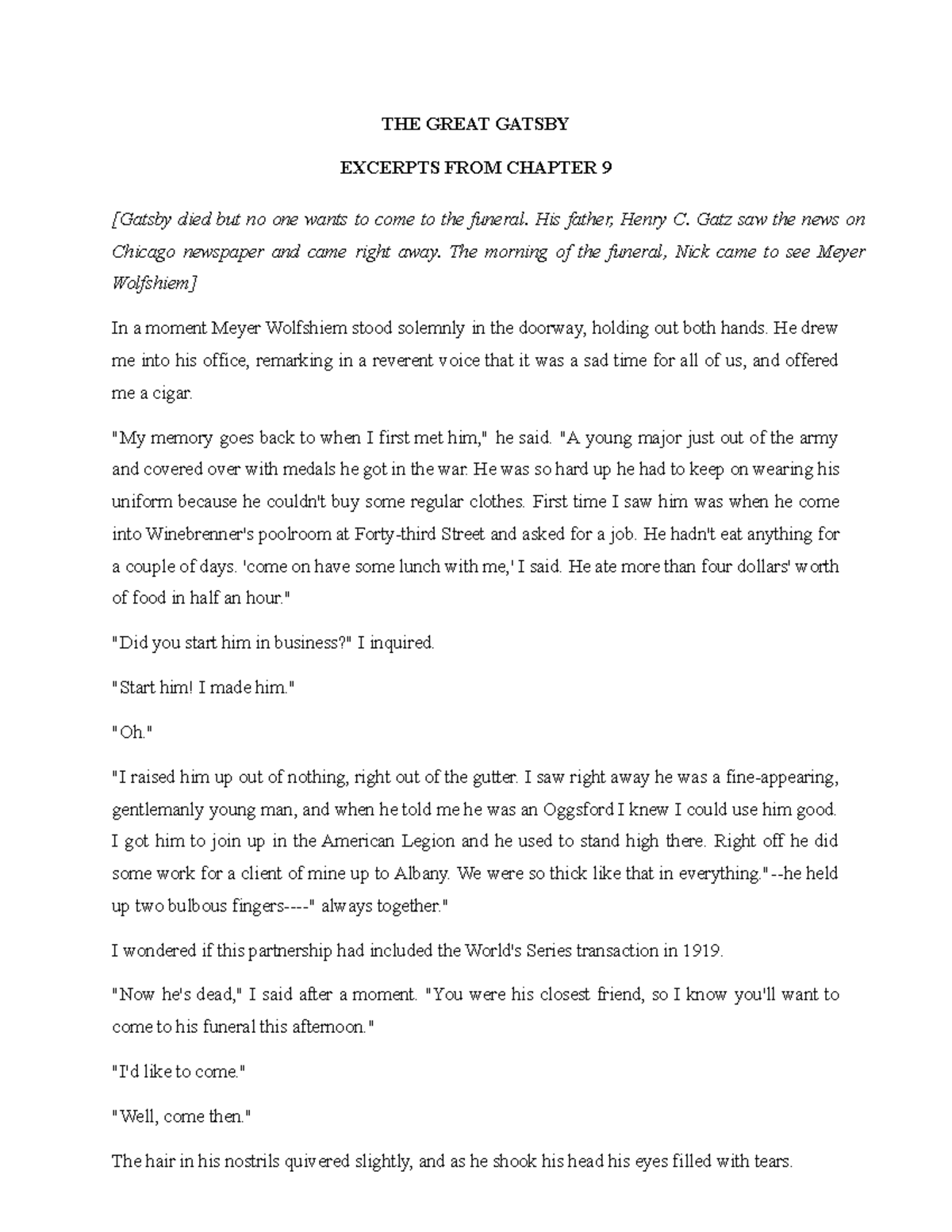 THE Great Gatsby excerpt - THE GREAT GATSBY EXCERPTS FROM CHAPTER 9 ...
