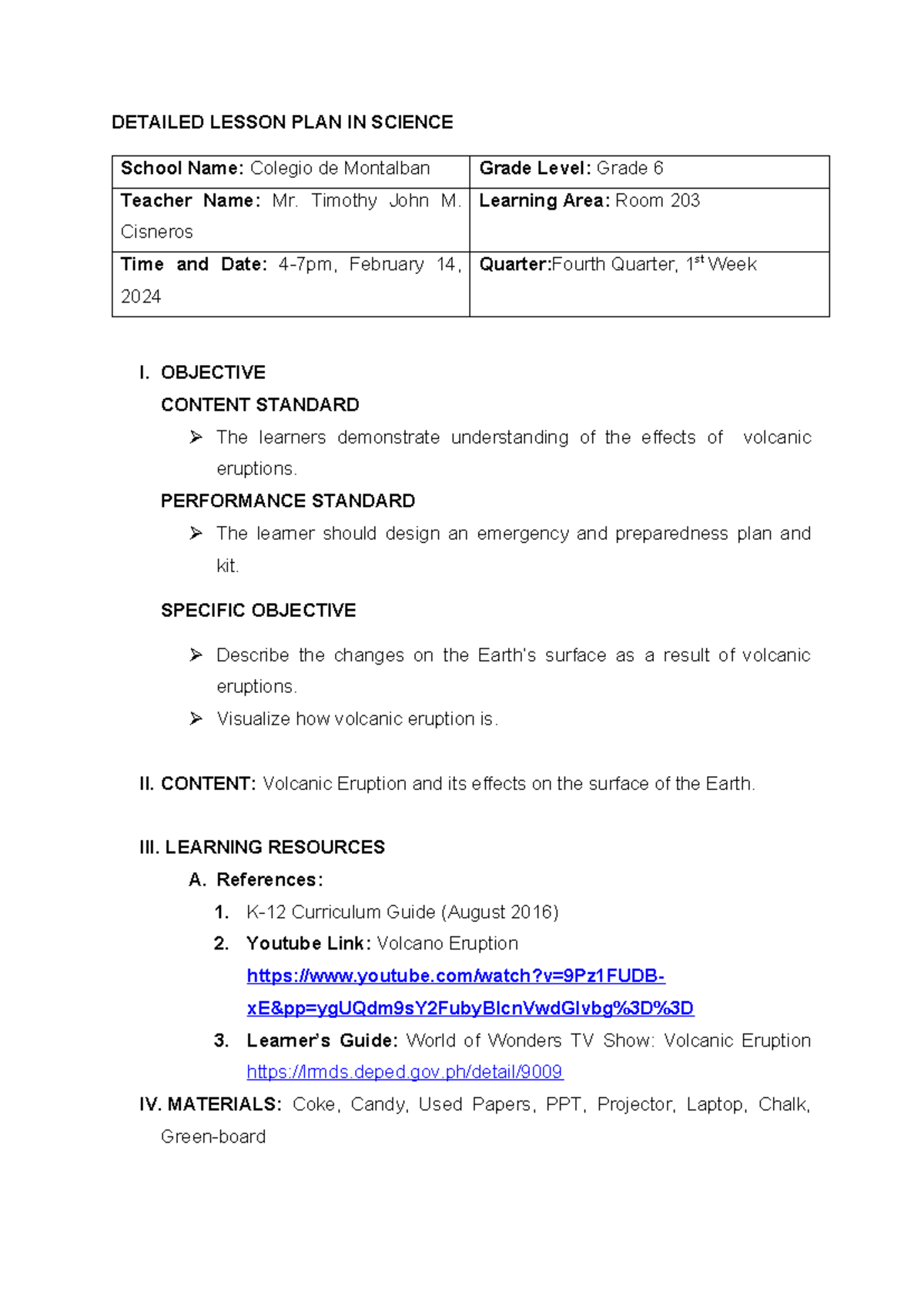 Science- Detailed- Lesson-PLAN-VOLC- Eruopt - DETAILED LESSON PLAN IN ...