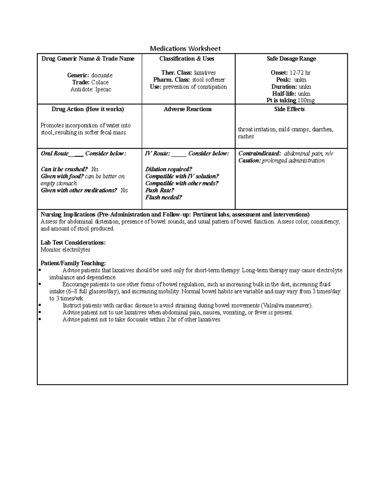 Colace - Medications Worksheet Drug Generic Name & Trade Name Generic ...