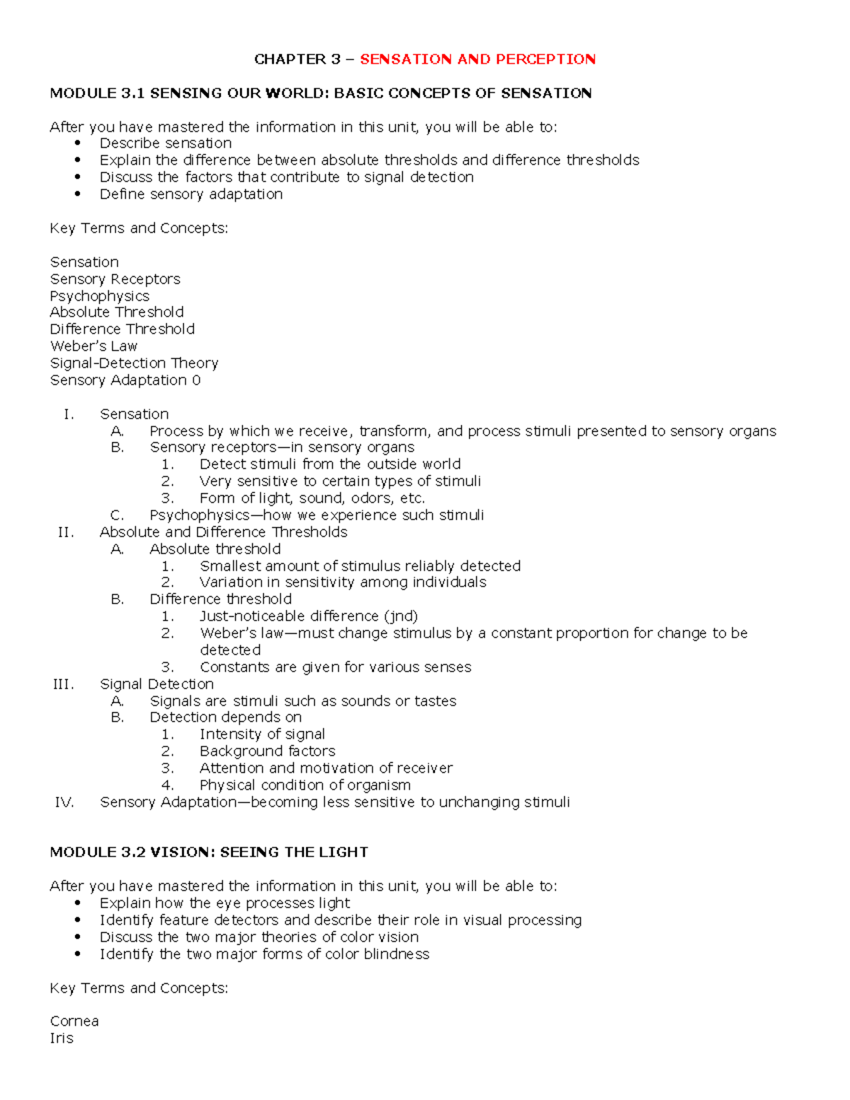 Ch03 Sensation and Perception - CHAPTER 3 – SENSATION AND PERCEPTION ...