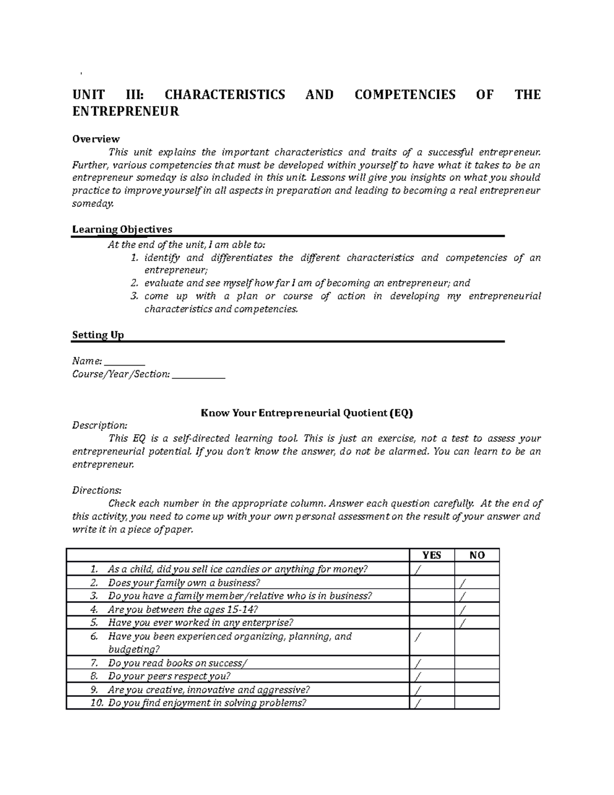 Entrep Behavior UNIT III - UNIT III: CHARACTERISTICS AND COMPETENCIES ...