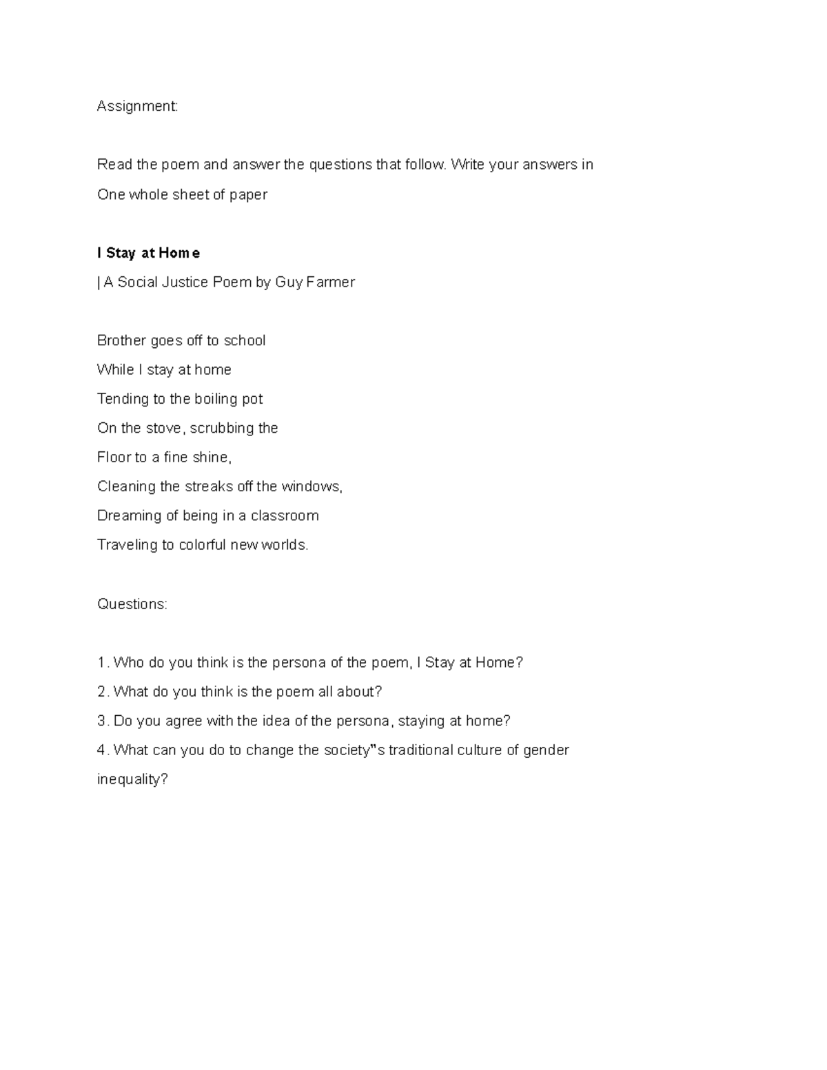 Assignment - Pdf - Assignment: Read the poem and answer the questions ...