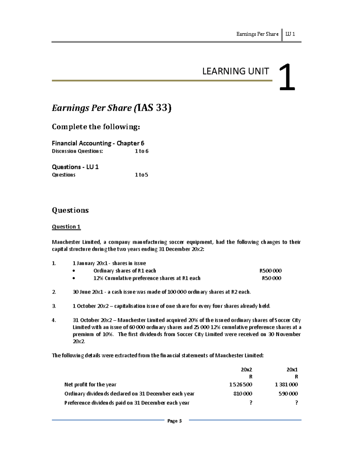 financial accounting - Earnings Per Share LU 1 LEARNING UNIT 1 Earnings ...