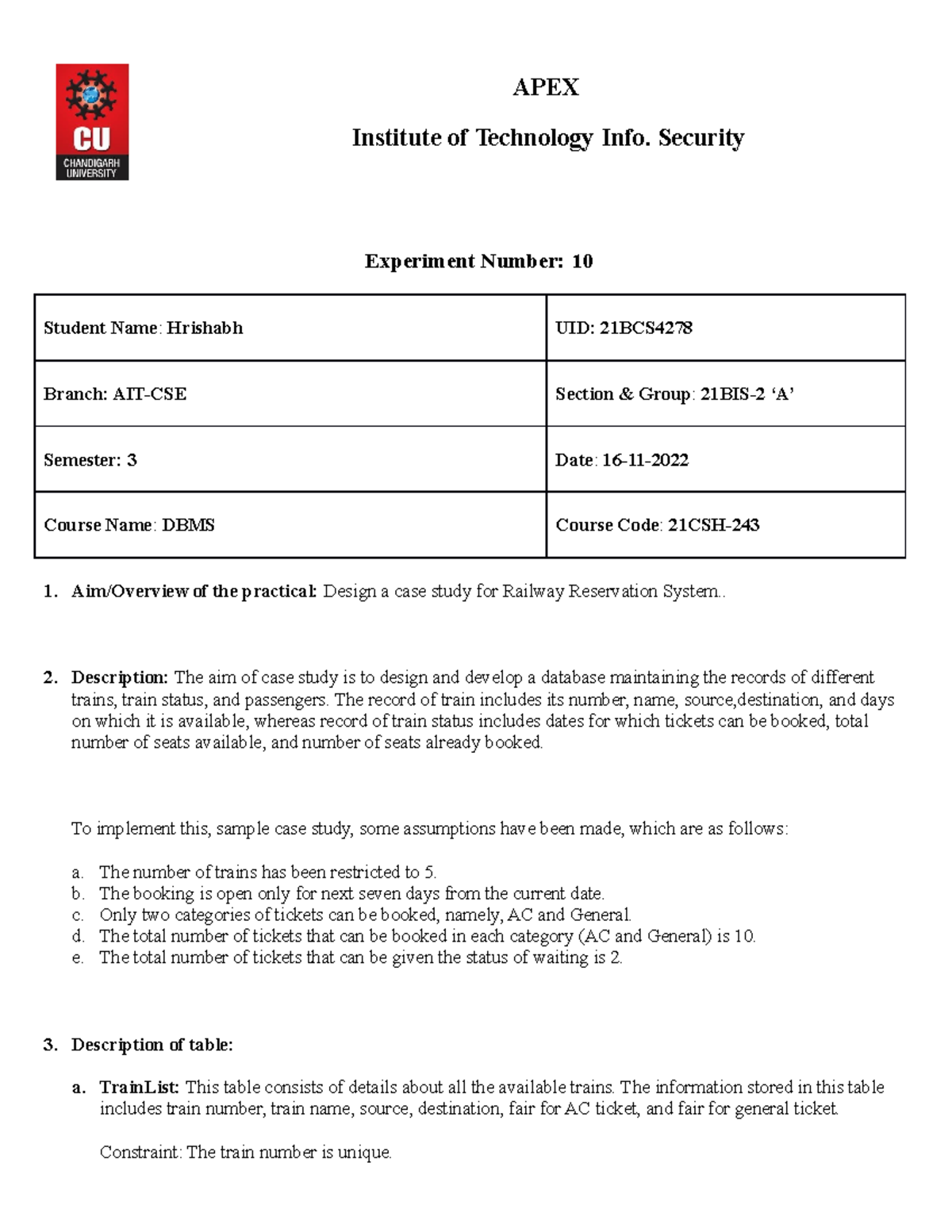 DBMS 10 - Institute of Technology Info. Security Experiment Number: 10 Student Name: Hrishabh ...