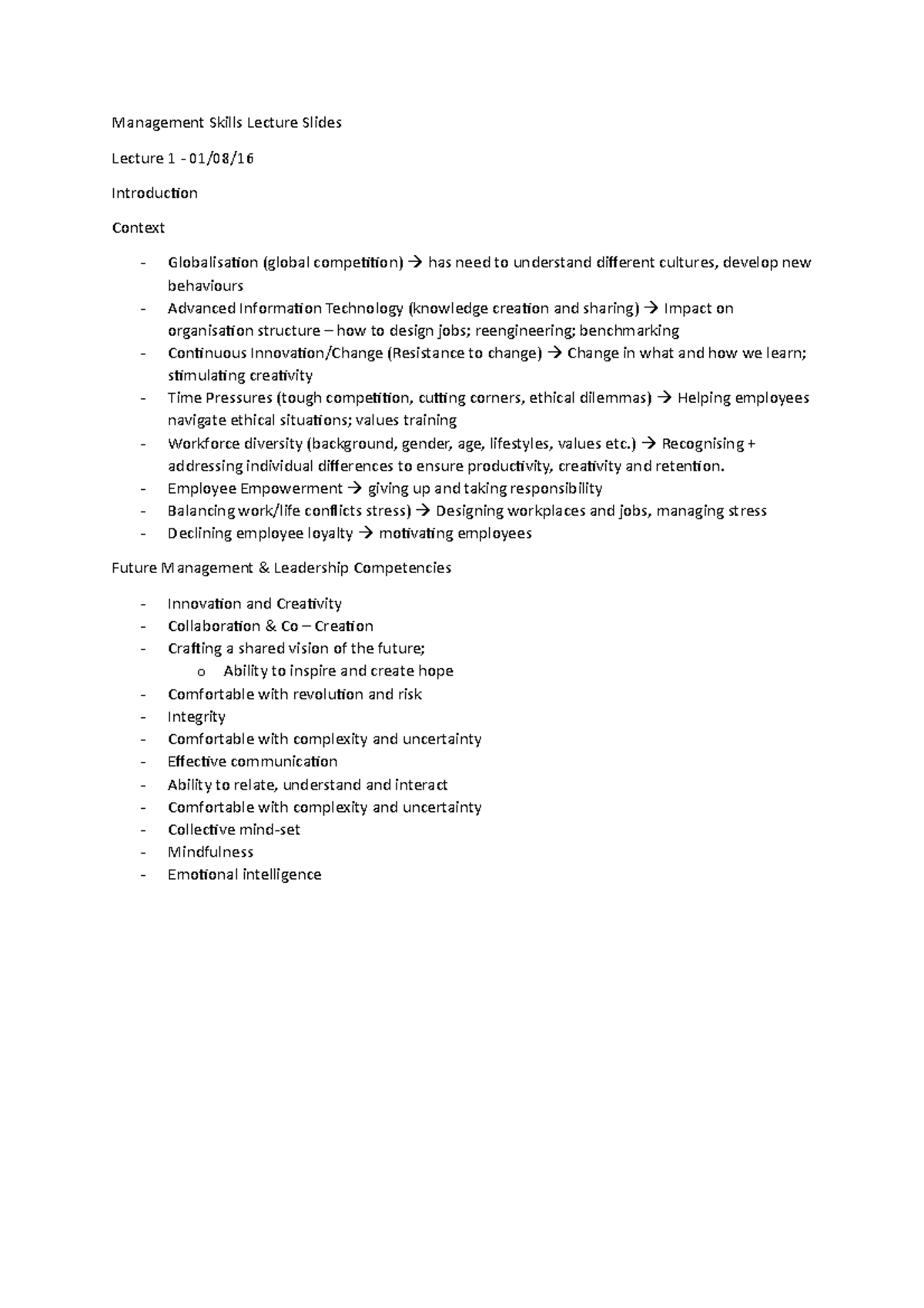 Management Skills Lecture Notes Management Skills Lecture Slides Lecture 1 0108