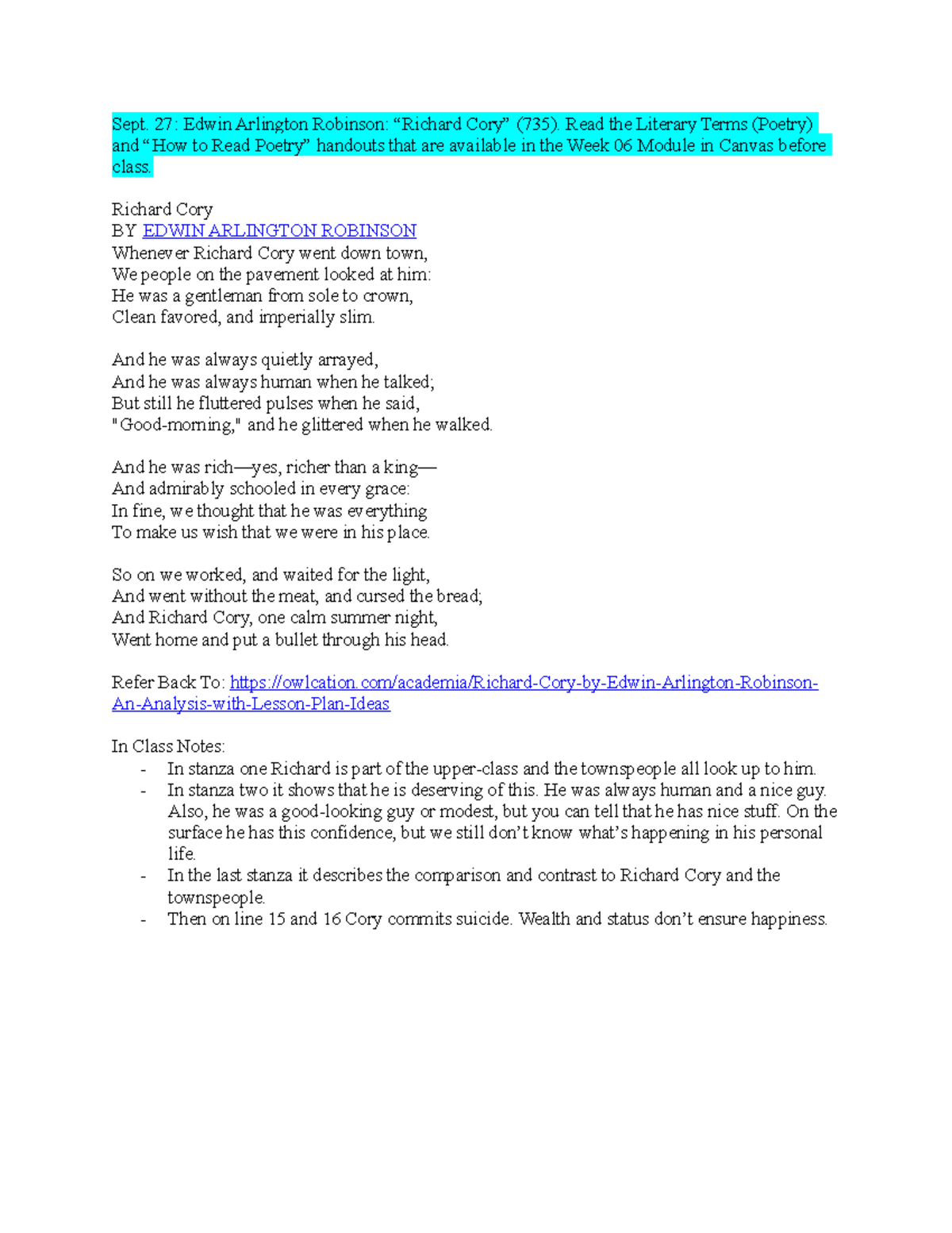 Exam 2 Material - Forms of Lit - Sept. 27: Edwin Arlington Robinson ...