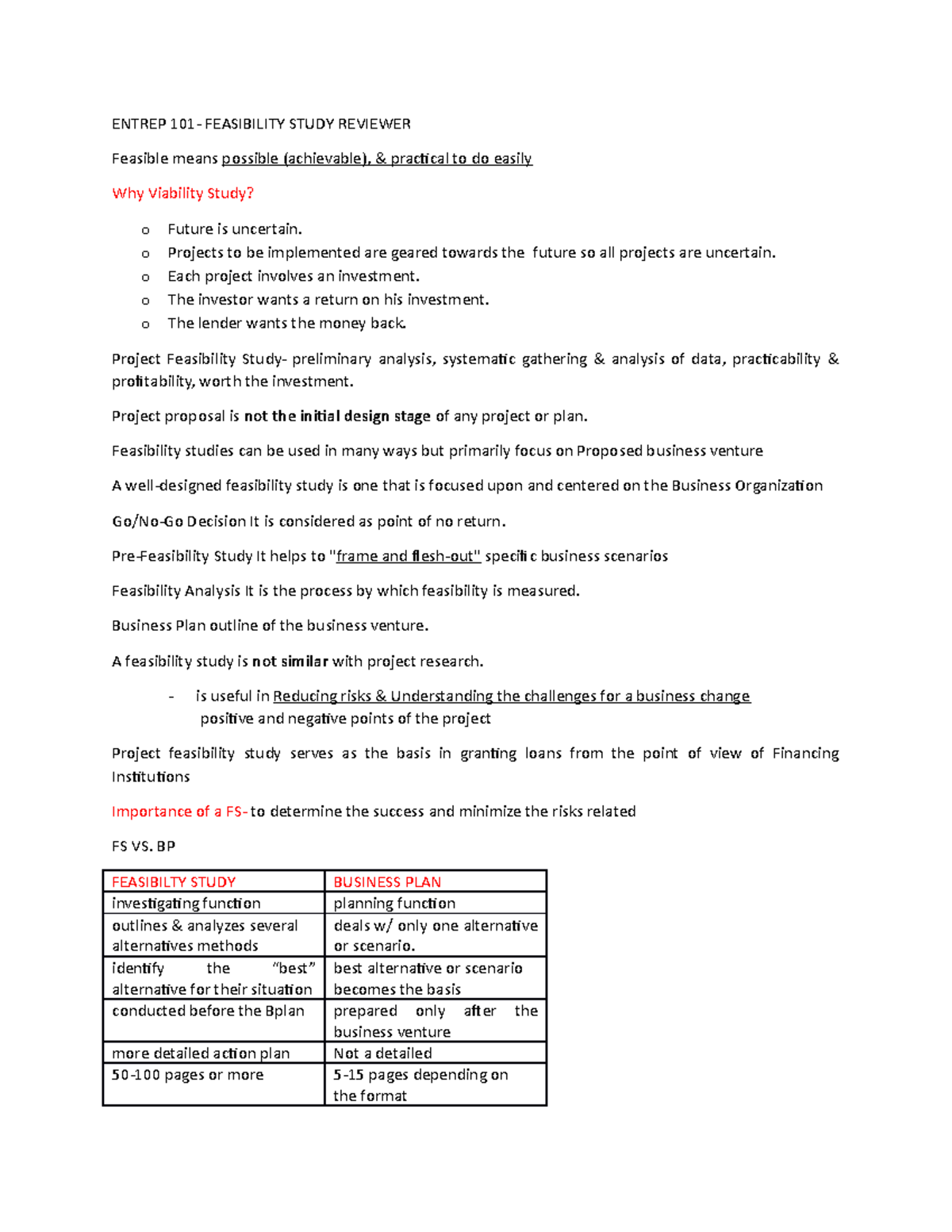 Entrep 101- Feasib Reviewer - ENTREP 101- FEASIBILITY STUDY REVIEWER ...