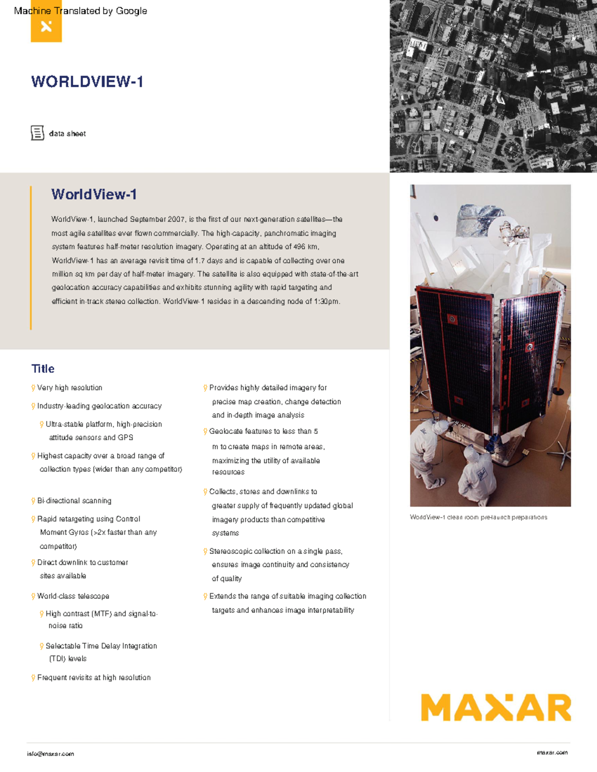 Worldview-1 - Hoja de datos satelites - Title WorldView-1 clean room ...