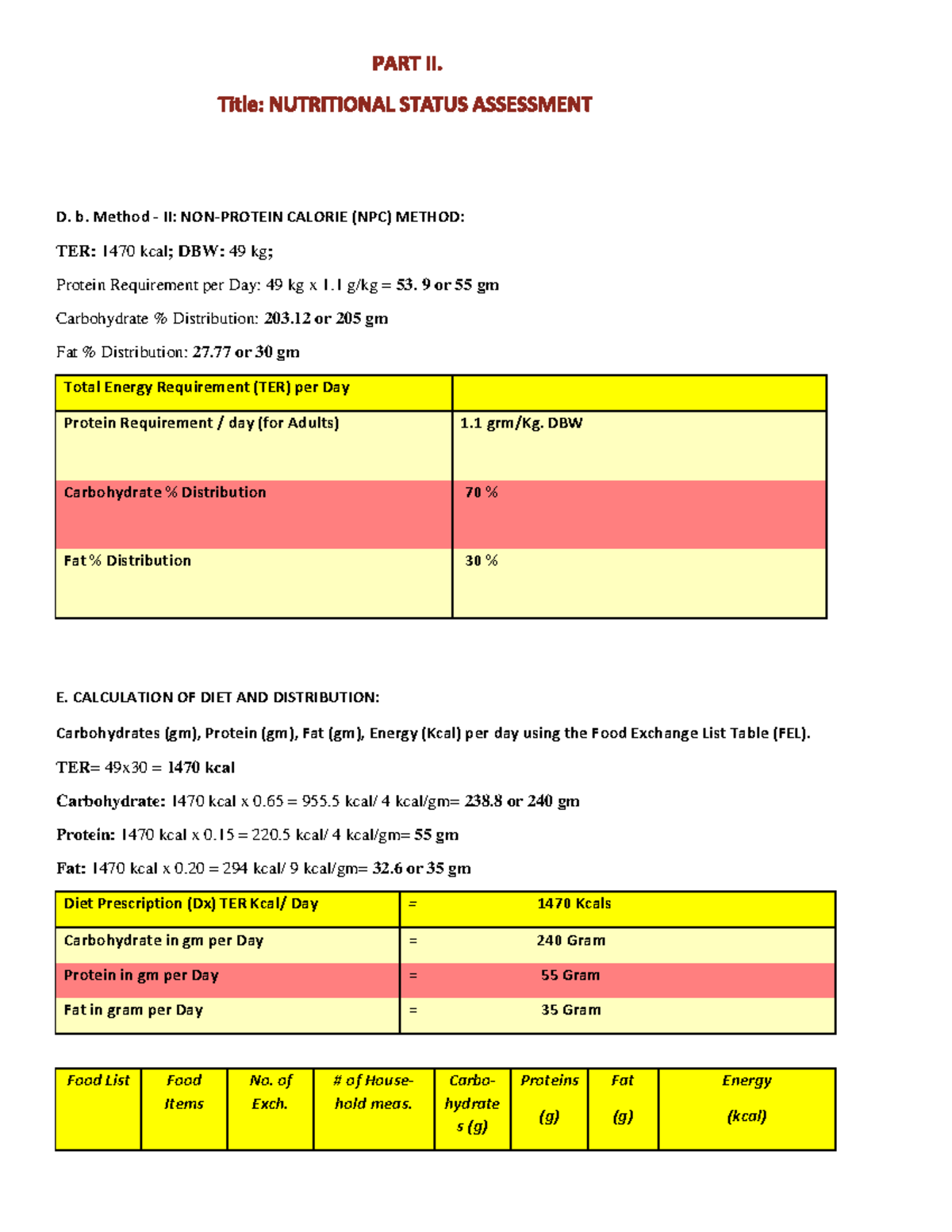 Nutritional Status Assessment - D. b. Method - II: NON-PROTEIN CALORIE ...