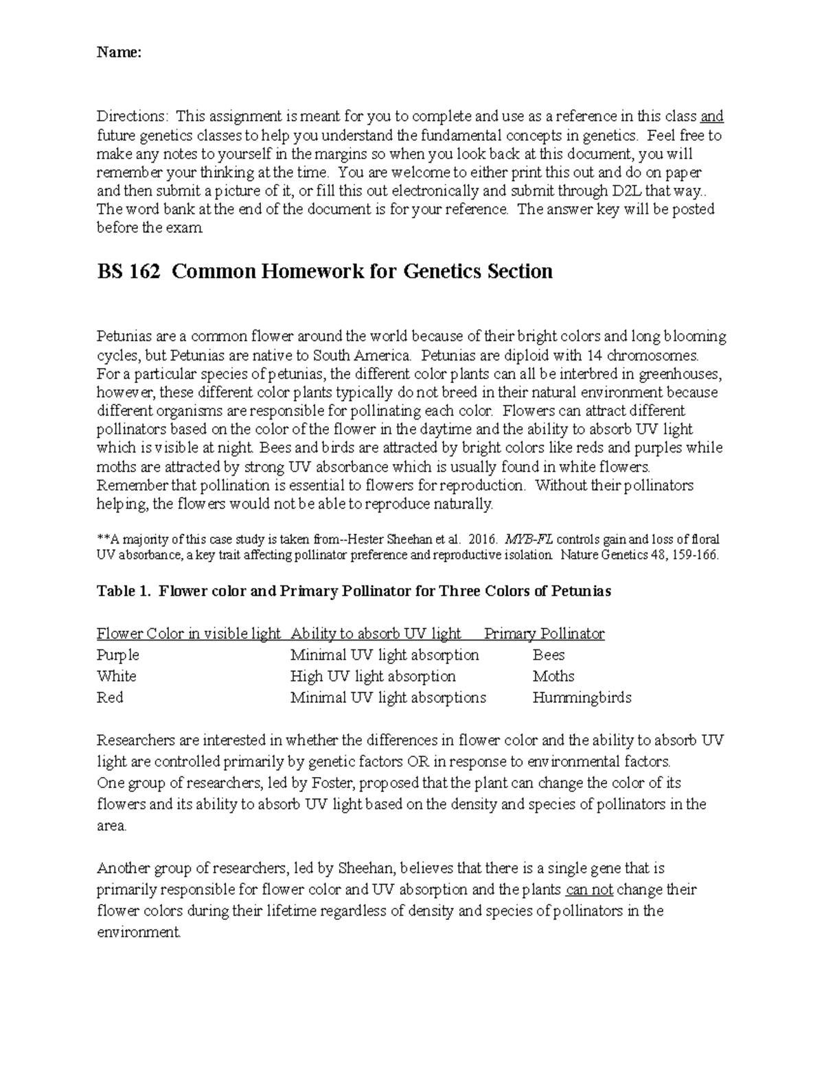 BS 162 Common Homework for Genetics F23 - Name: Directions: This ...
