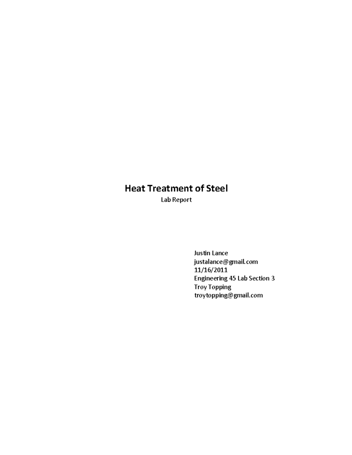 Lance Final Draft - Heat Treatment - Heat Treatment of Steel Lab Report ...