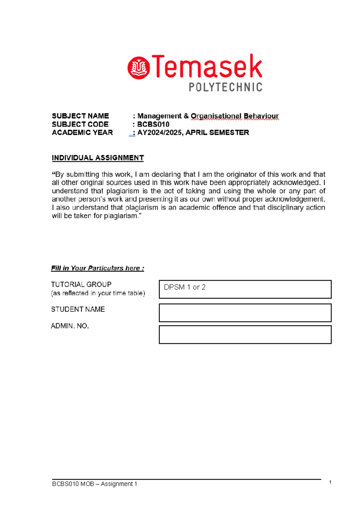 BCBS010 MOB - Assignment 1 - Template - DPSM 1 or Instructions: Short form for classes Tutorial ...