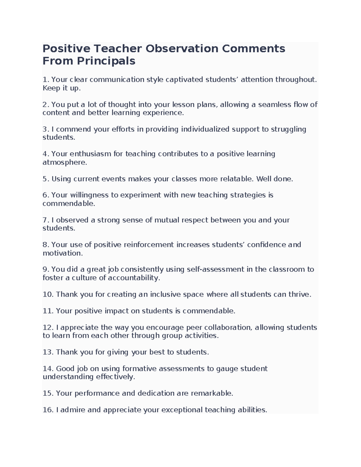 Teacher observation notes - Positive Teacher Observation Comments From ...