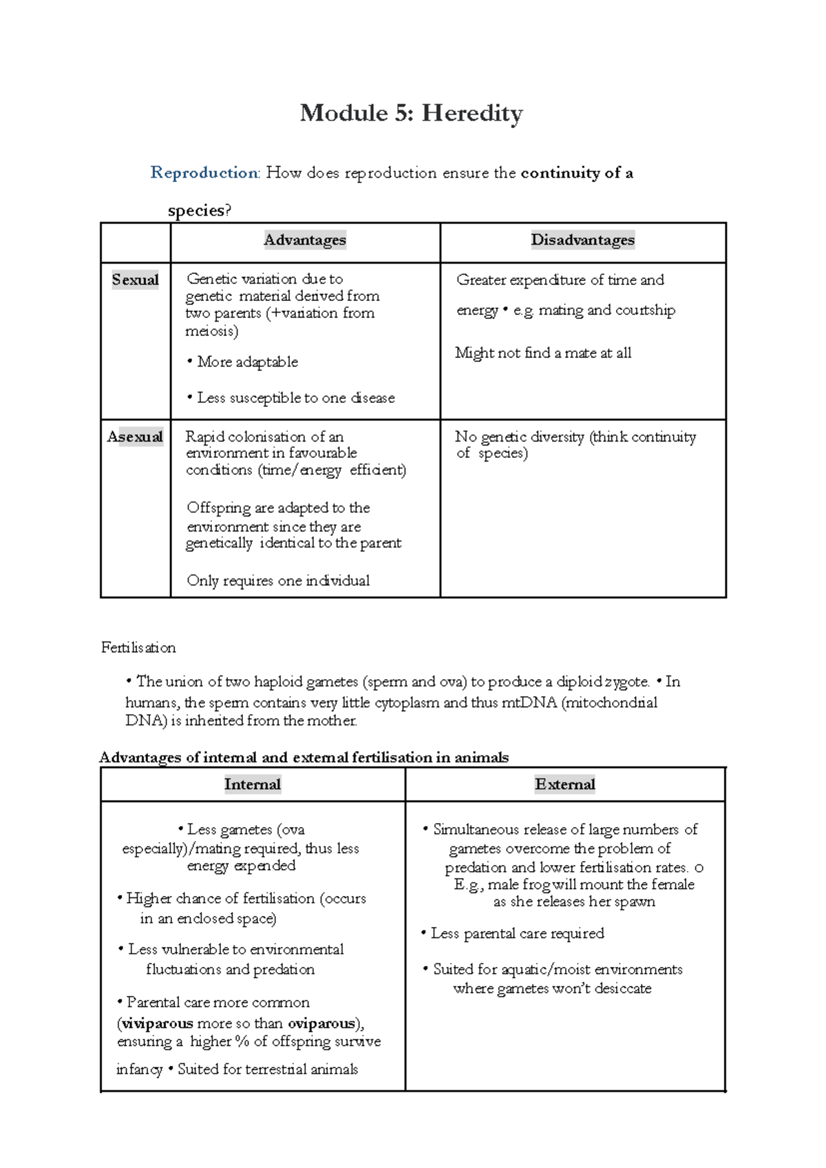 Biology Mod 5 Notes - Module 5: Heredity 5. Reproduction: How does ...