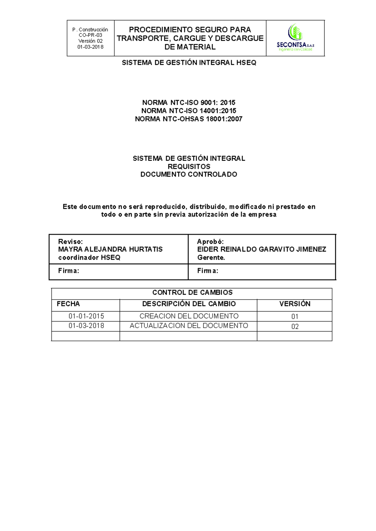 CO-PR-03. Transporte, Cargue Y Descargue Material - SISTEMA DE GESTIÓN ...