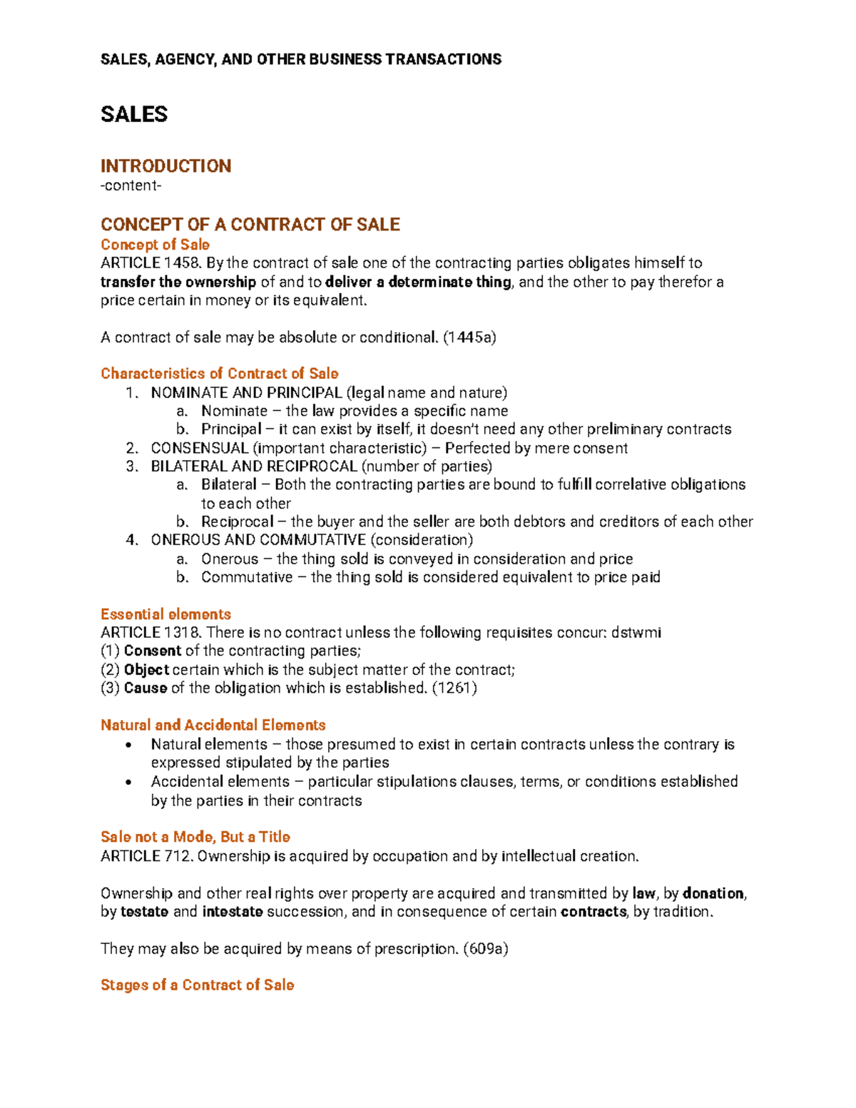 Concept of a Contract of Sale - SALES INTRODUCTION content- CONCEPT OF ...