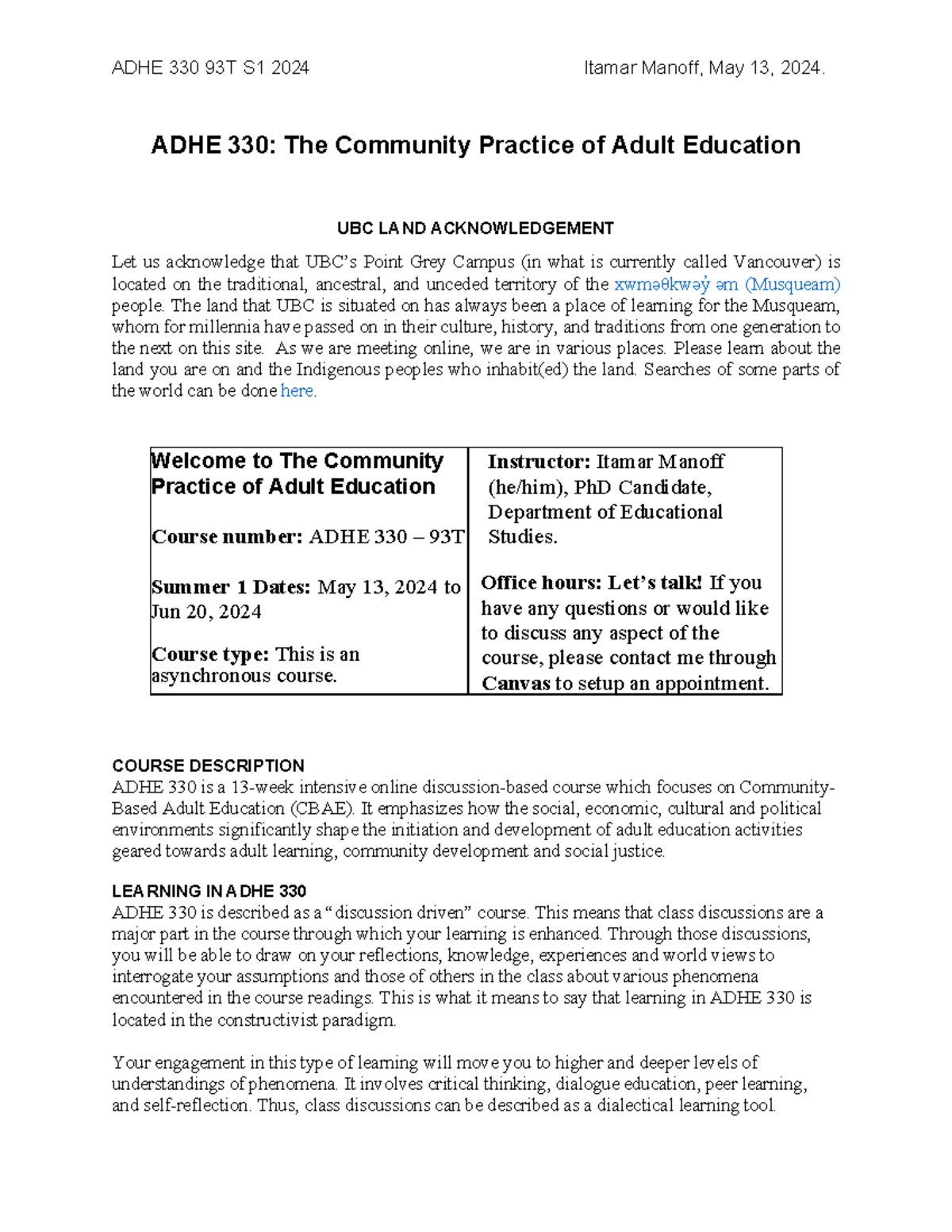 ADHE 330 93T 2024 S1 Syllabus Manoff-5 - ADHE 330: The Community ...