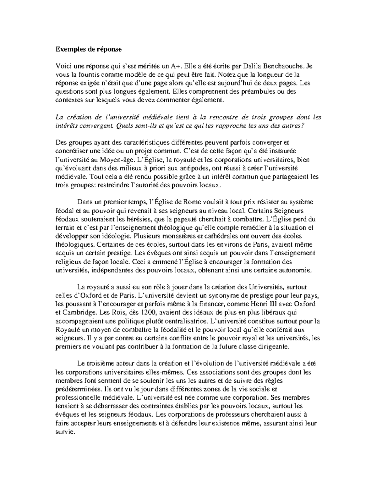 Exemple de réponse 1 - Response question 1 - Exemples de réponse Voici ...