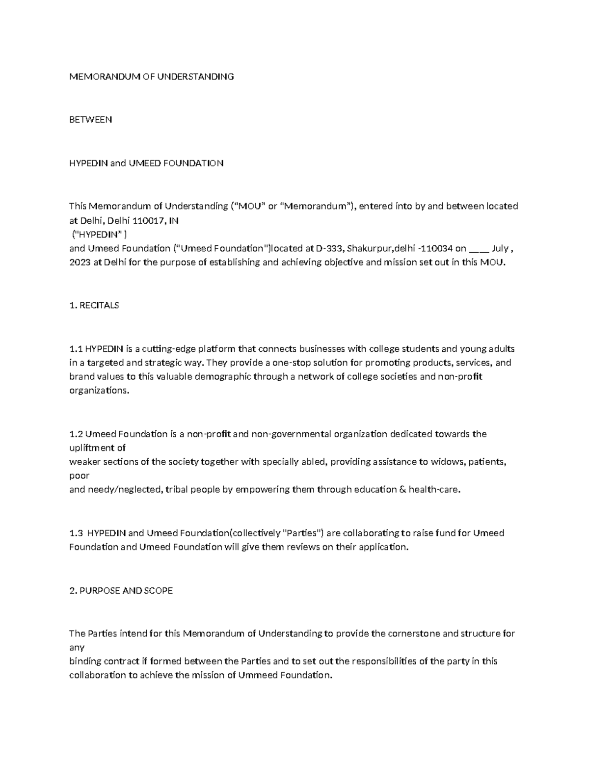 Memorandum OF Understanding - RECITALS 1 HYPEDIN is a cutting-edge ...