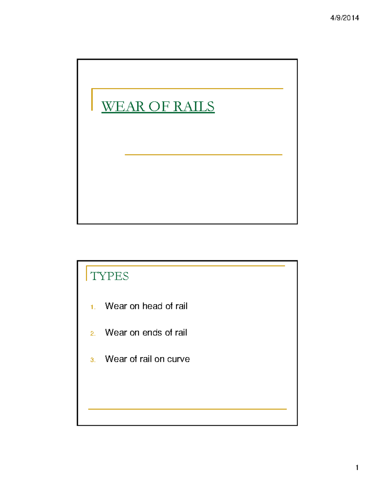 Railways 4 - WEAR OF RAILS TYPES 1. Wear on head of rail 2. Wear on ...