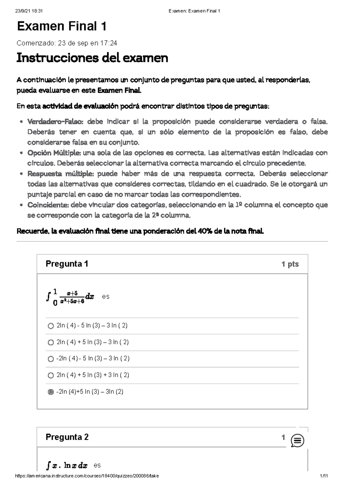 Examen Examen Final 1 30-30 - Examen Final 1 Comenzado: 23 de sep en 17 ...