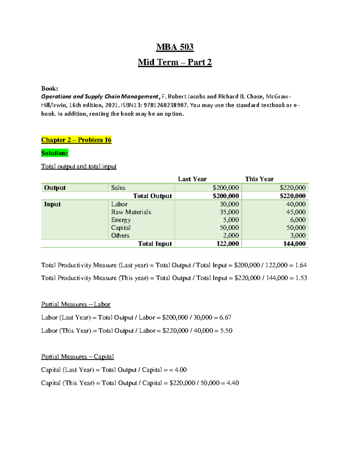 MBA 503 - Mid Term - Part B - MBA 503 Mid Term – Part 2 Book: Operations and Supply Chain ...
