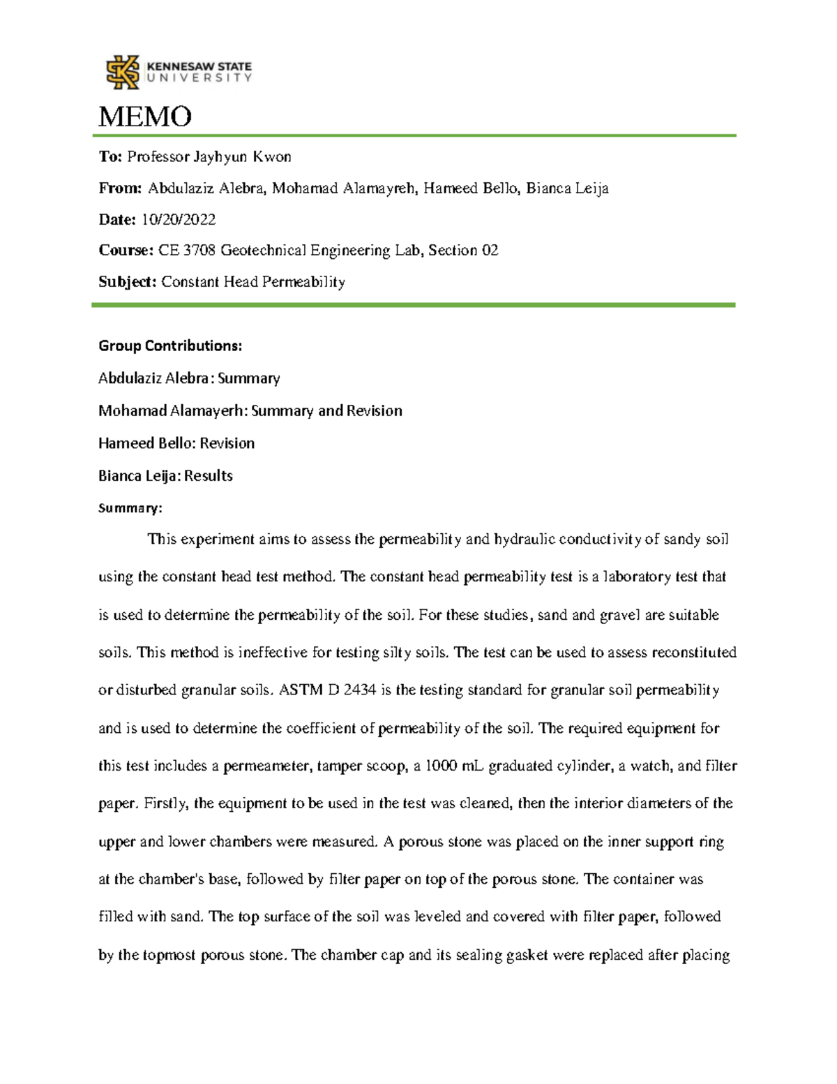 Lab 6 Section 02 Group 1 - lab - MEMO To: Professor Jayhyun Kwon From ...