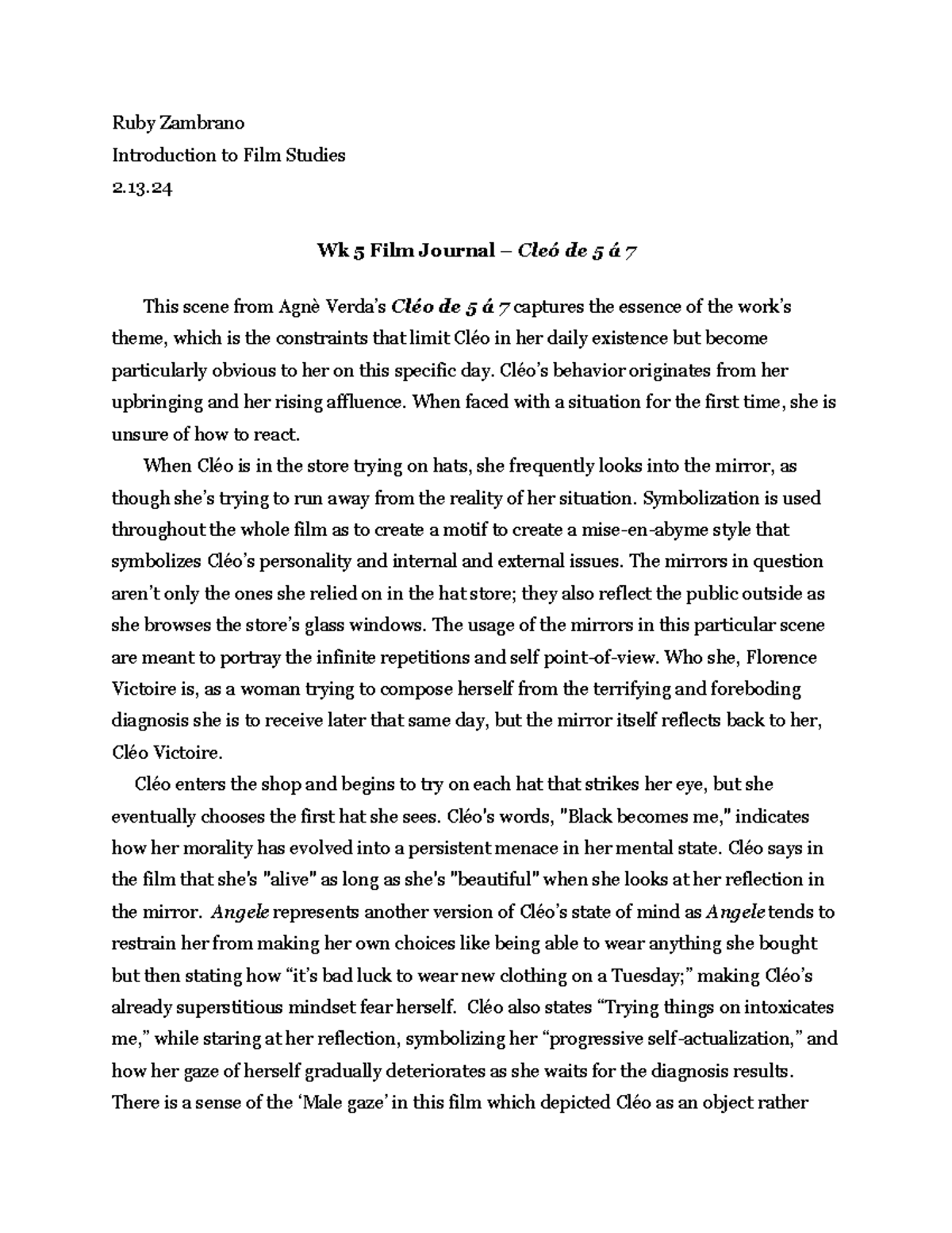 Wk 5 Film Journal - Cleo de 5 a 7 - Ruby Zambrano Introduction to Film ...