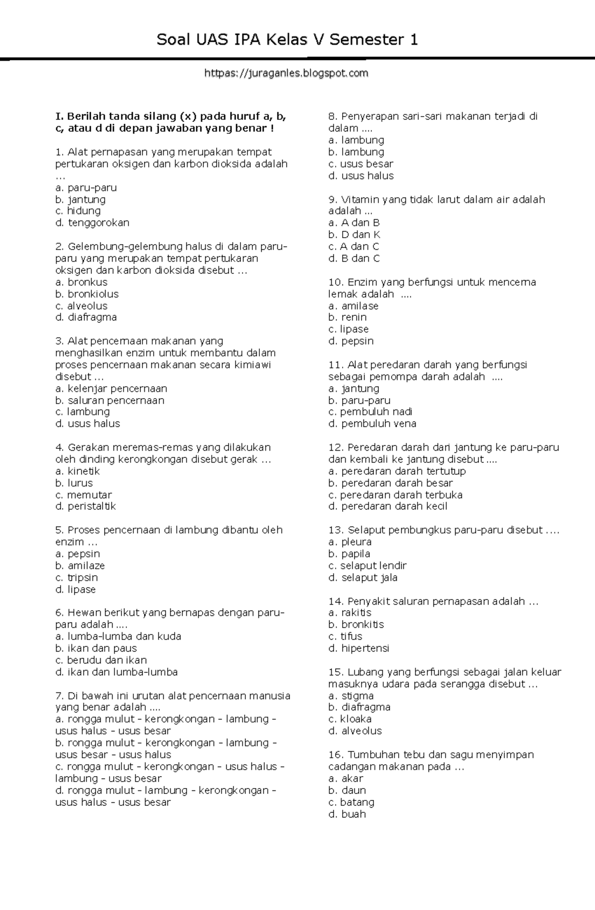 Soal UAS IPA Kelas V Semester 1 - I. Berilah tanda silang (x) pada ...