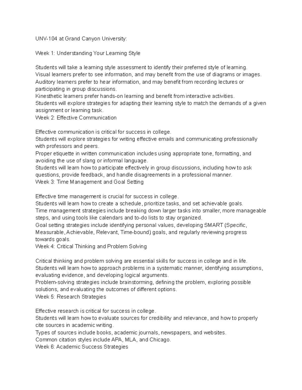 Class Summery 23/24 - UNV-104 at Grand Canyon University: Week 1 ...