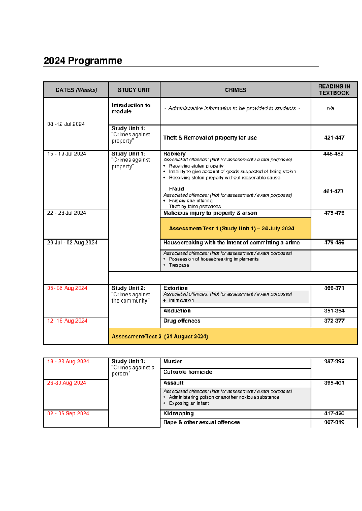 2024 Programme Amended - 2024 Programme DATES (Weeks) STUDY UNIT CRIMES ...