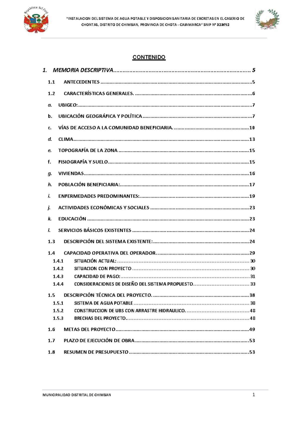 1. Memoria Descriptiva Chontas - CONTENIDO - CHONTAS, DISTRITO DE ...