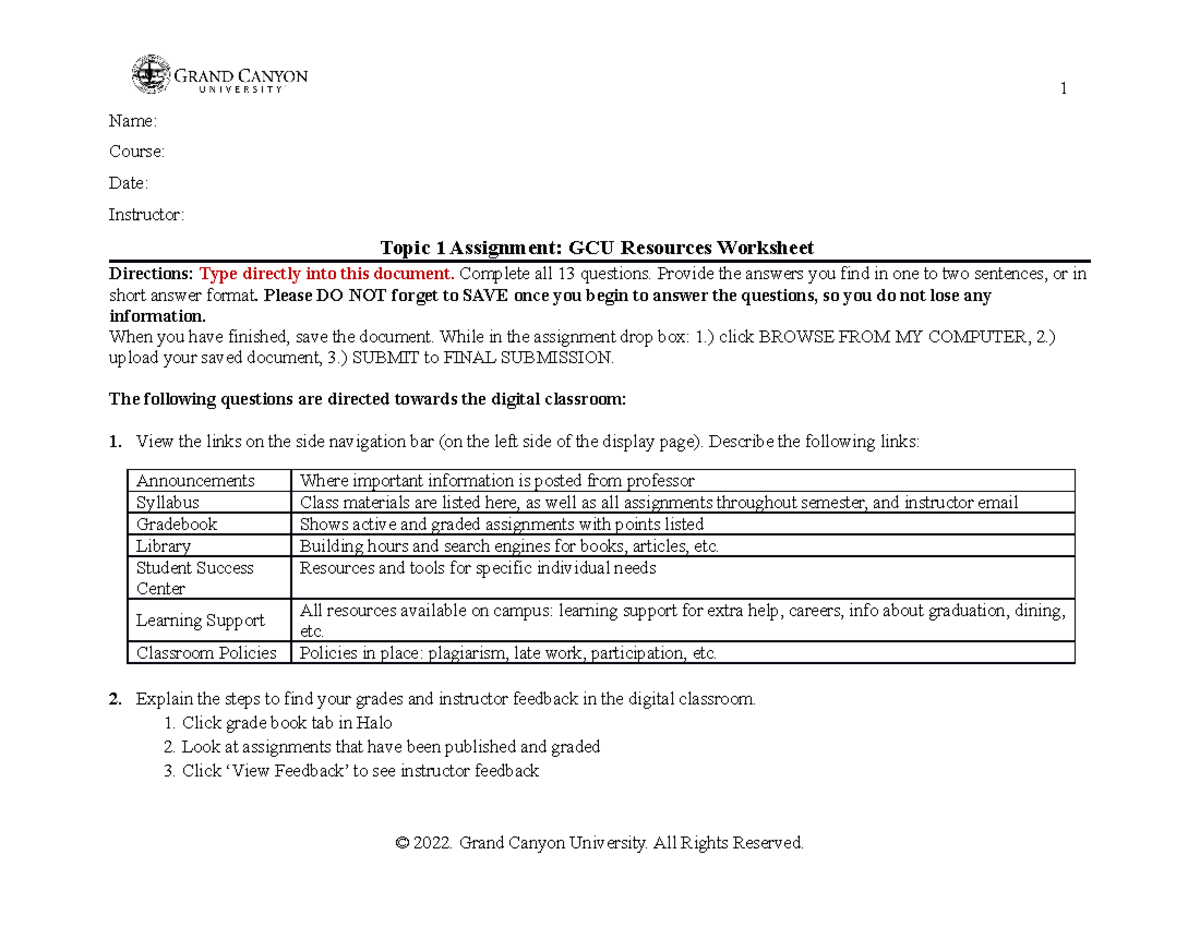 UNV 103 RS T1 Resources Worksheet Trad - Name: Course: Date: Instructor ...