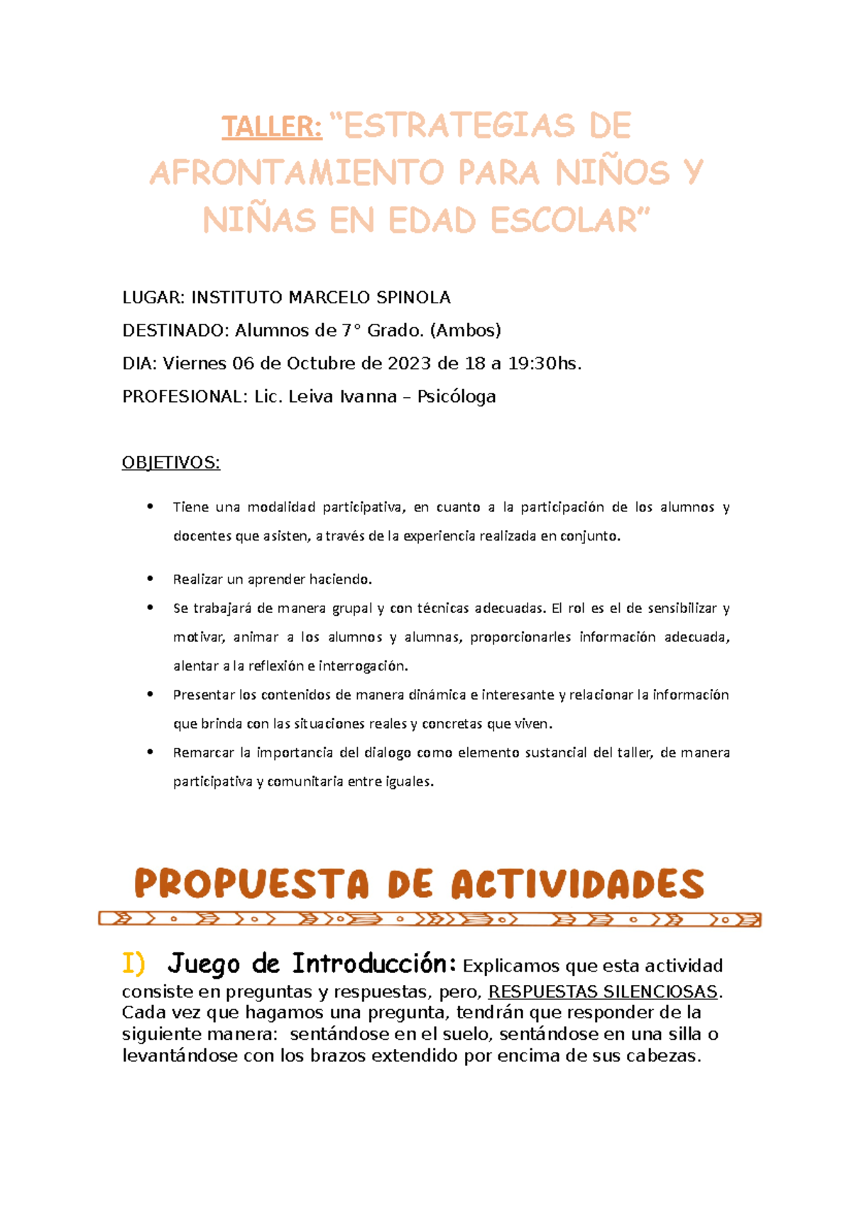 Taller ims 7mo grado - TALLER: “ESTRATEGIAS DE AFRONTAMIENTO PARA NIÑOS ...