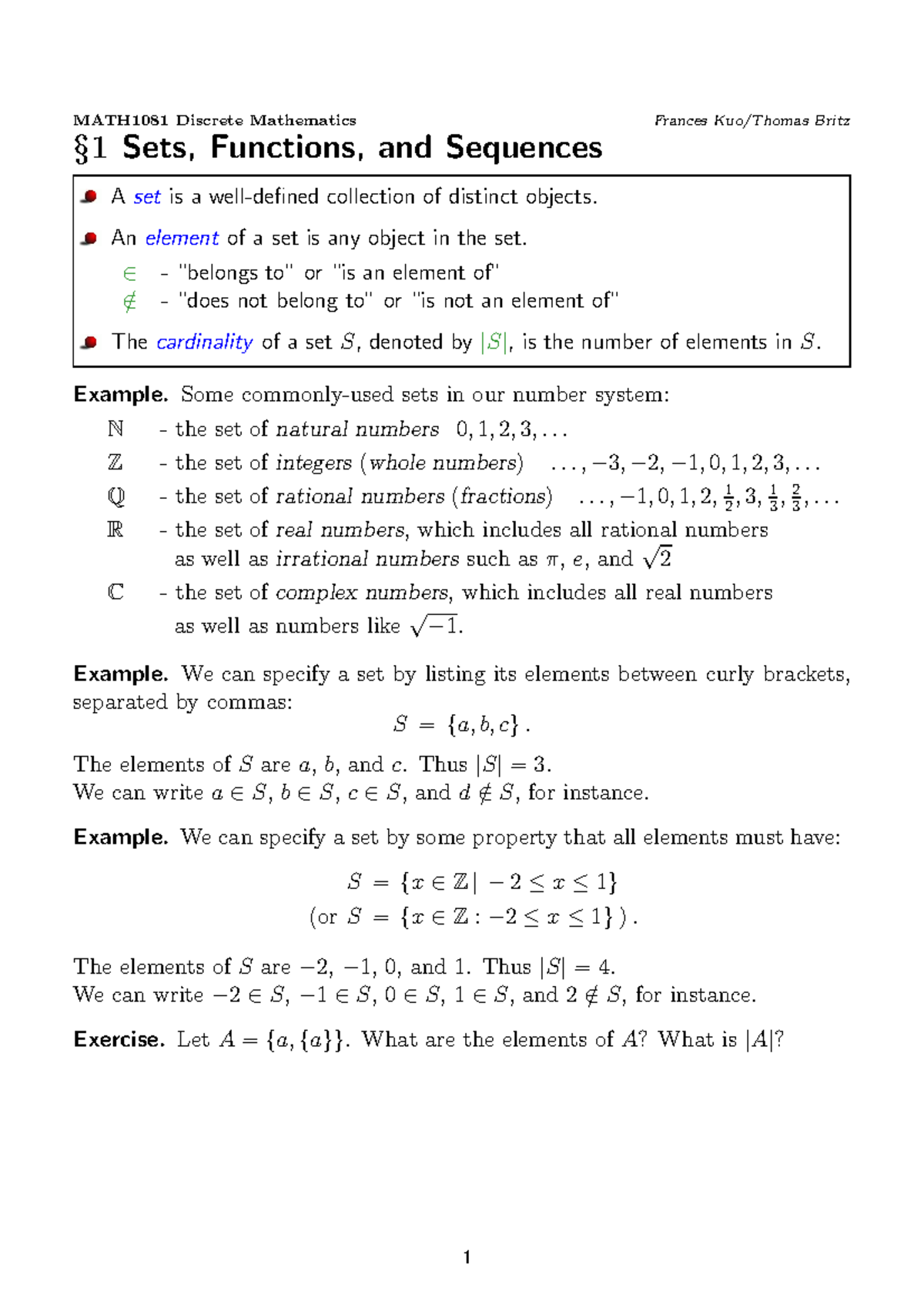 MATH10931314141 - MATH1081 Discrete Mathematics Frances Kuo/Thomas Britz § 1 Sets, Functions ...