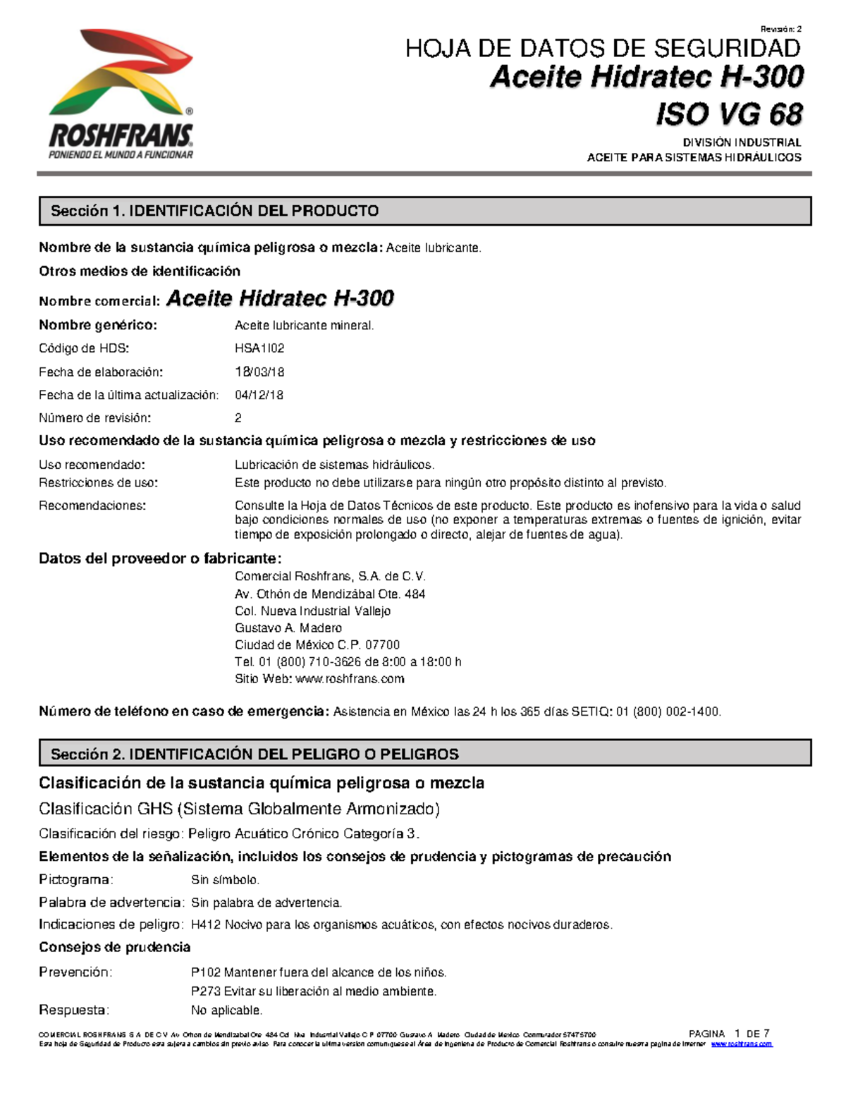 23 HDS Hidratec H-300 - Hoja de datos de seguridad - HOJA DE DATOS DE ...