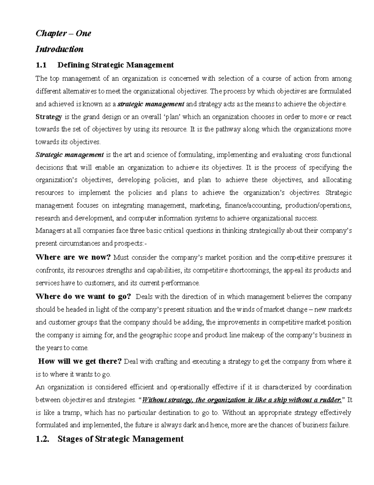 Strategic Mgmt Chapter 1to 7 - Chapter – One Introduction 1 Defining ...