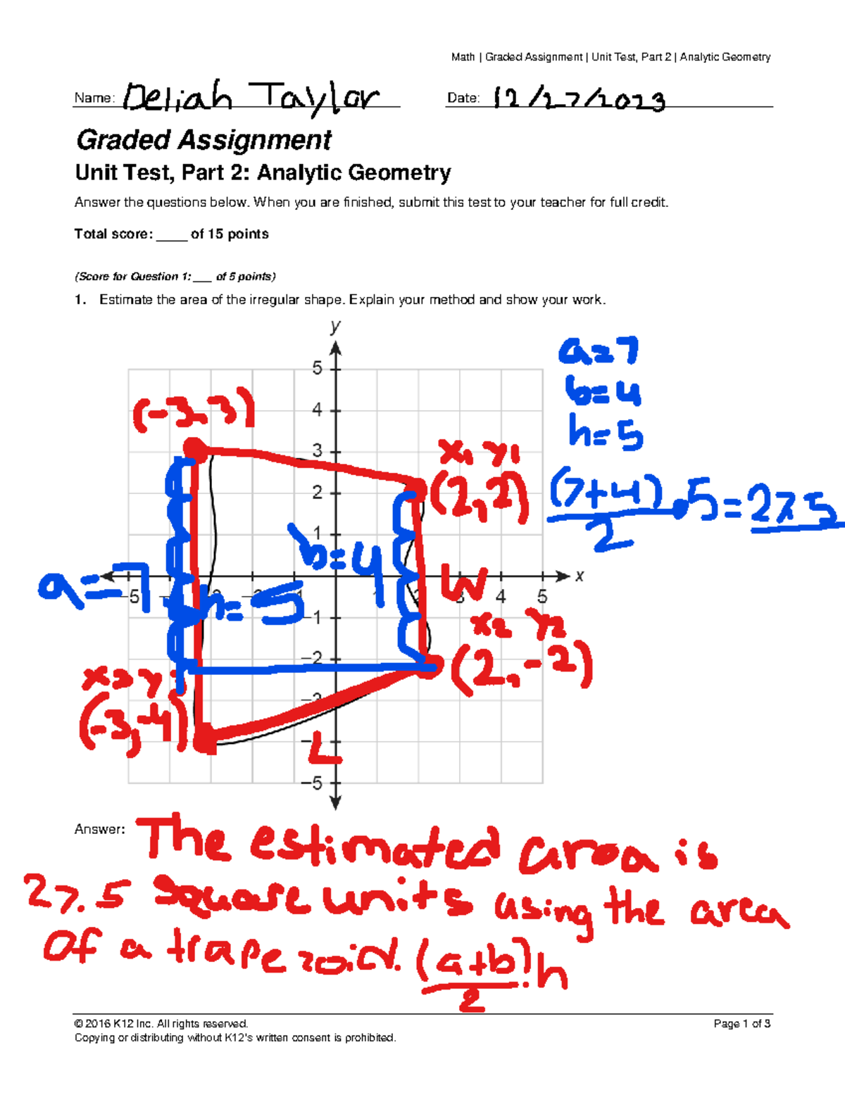 Graded Assignment Unit Test Part 2 Amalytic Geometry Math Graded