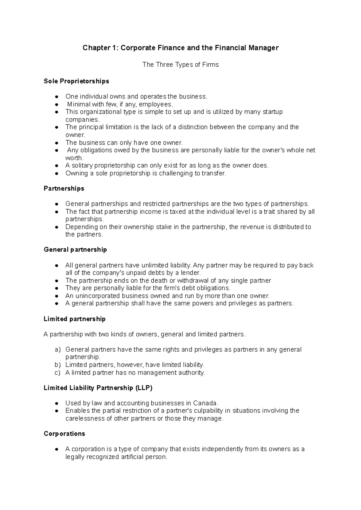 BFIN301 Chapter One Notes - Chapter 1: Corporate Finance and the ...