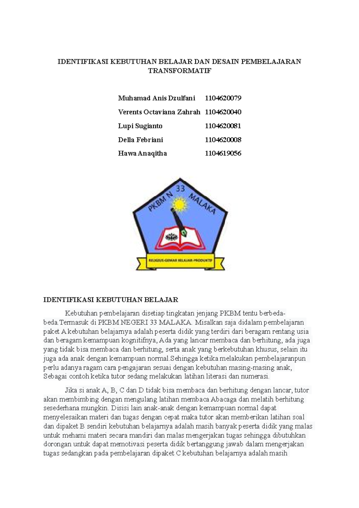 Identifikasi Kebutuhan Belajar - IDENTIFIKASI KEBUTUHAN BELAJAR DAN ...