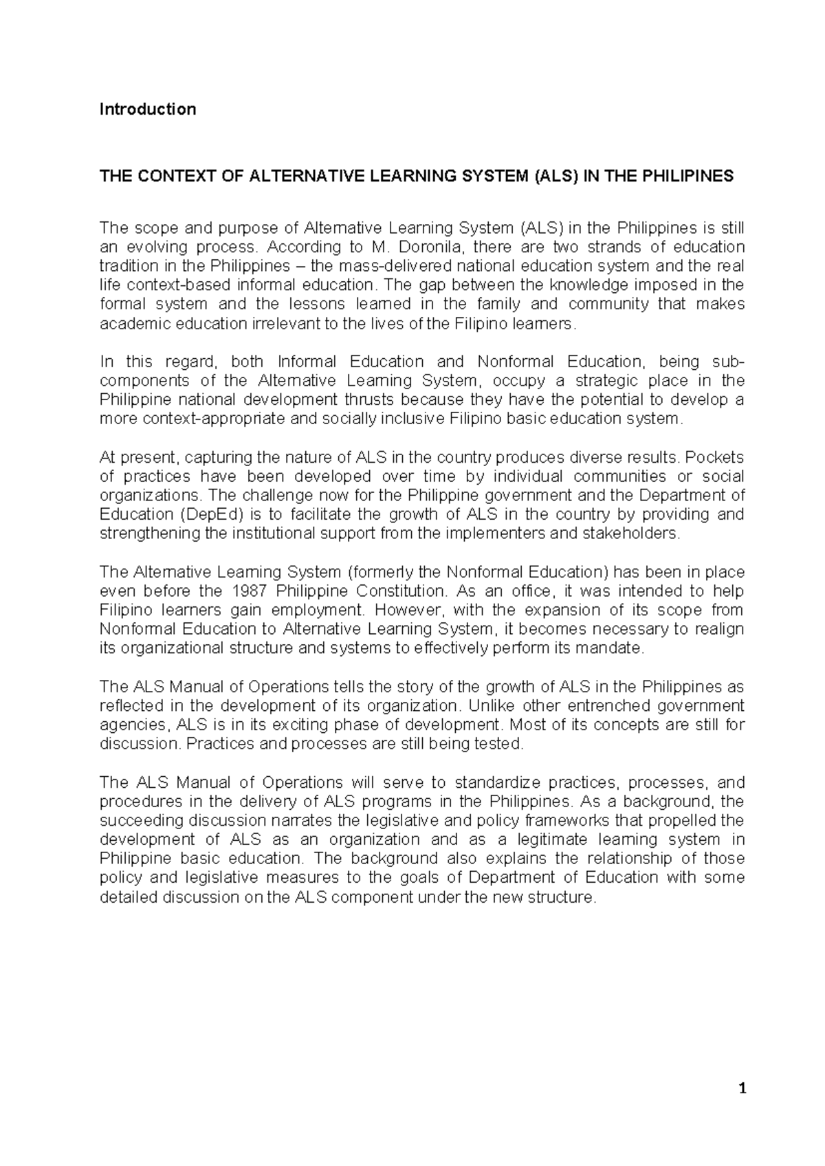 ALS Background Information - Introduction THE CONTEXT OF ALTERNATIVE ...