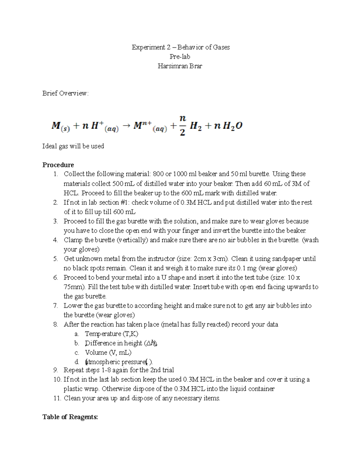 Experiment 2 – Behavior of Gases - Experiment 2 – Behavior of Gases Pre-lab Harsimran Brar Brief ...