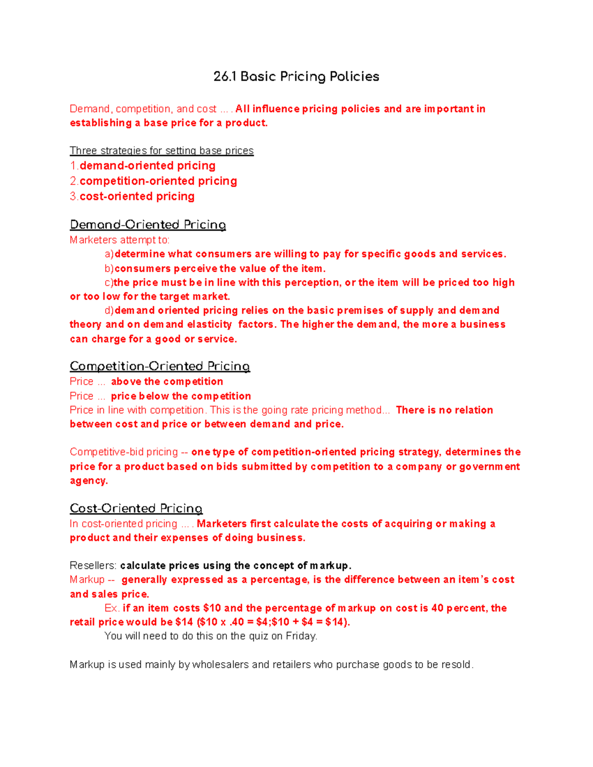 26.1 Guided Notes Sheet Marketing - 26 Basic Pricing Policies Demand ...